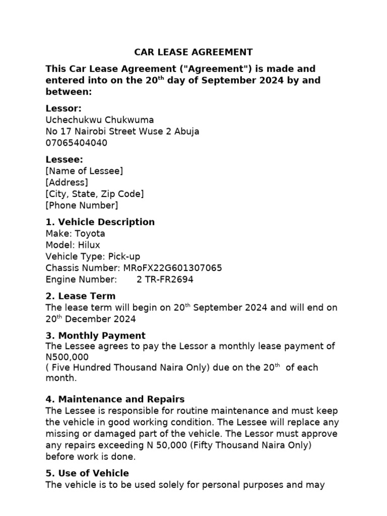 Toyota Hilux Car Lease Agreement | PDF