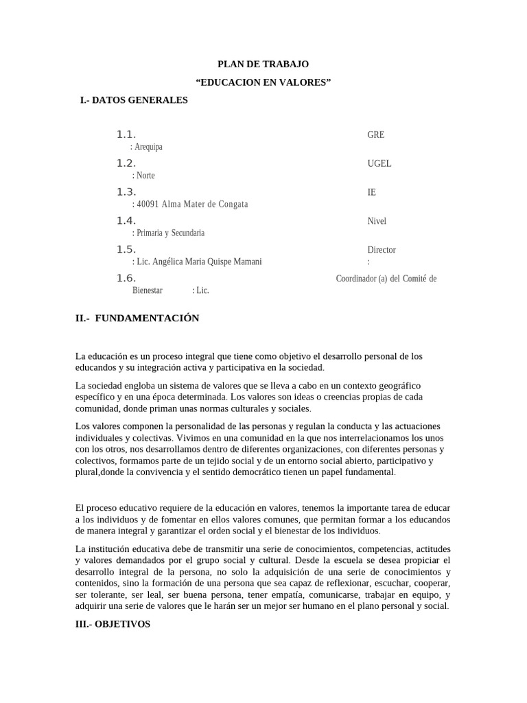 Plan de Trabajo Valores | PDF | Salón de clases | Tolerancia