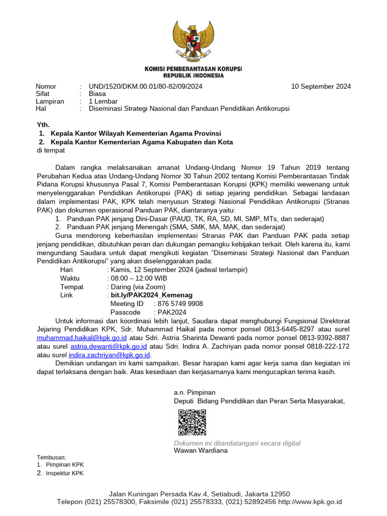 Surat Undangan Diseminasi Stranas Panduan - Kemenag | PDF