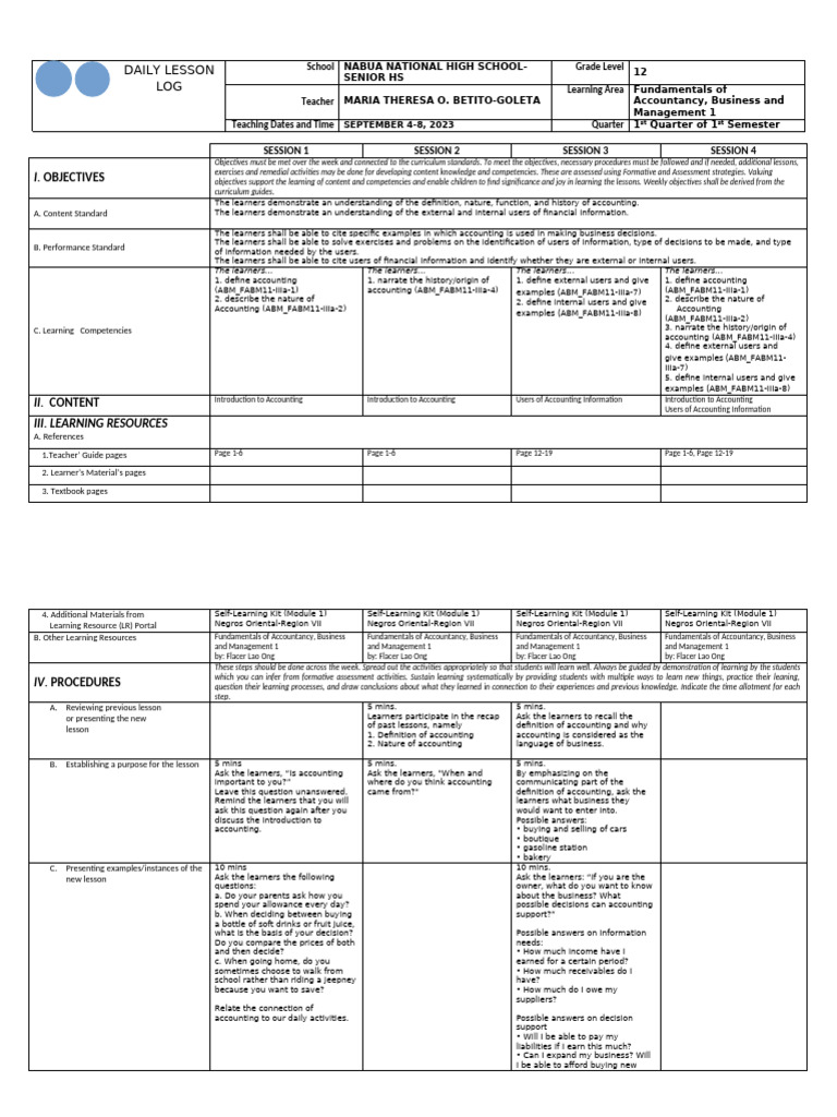 FABM1 DETAILED LESSON PLAN-Week1 | PDF