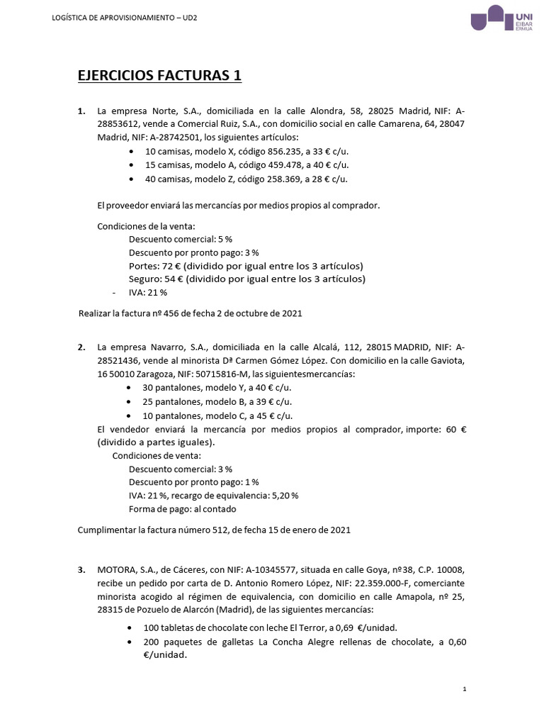 Ejercicios Facturas 1 | PDF