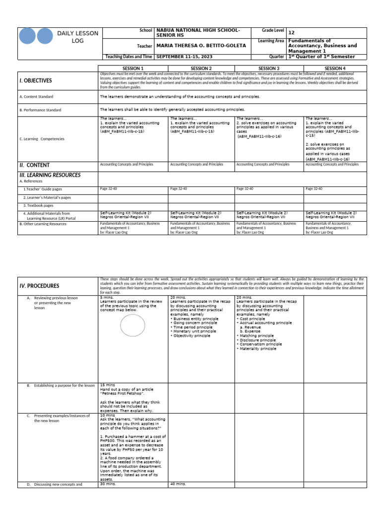 FABM1 DETAILED LESSON PLAN-Week2 | PDF