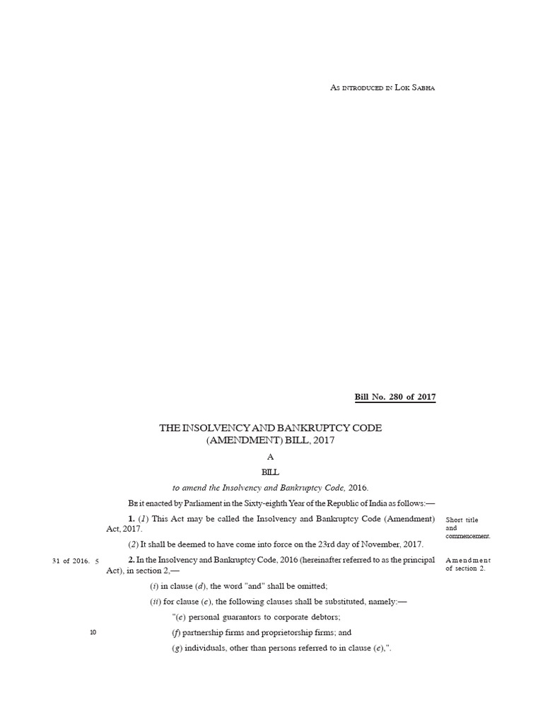 Insolvency and Bankruptcy Code Amendment Bill 2017 | PDF
