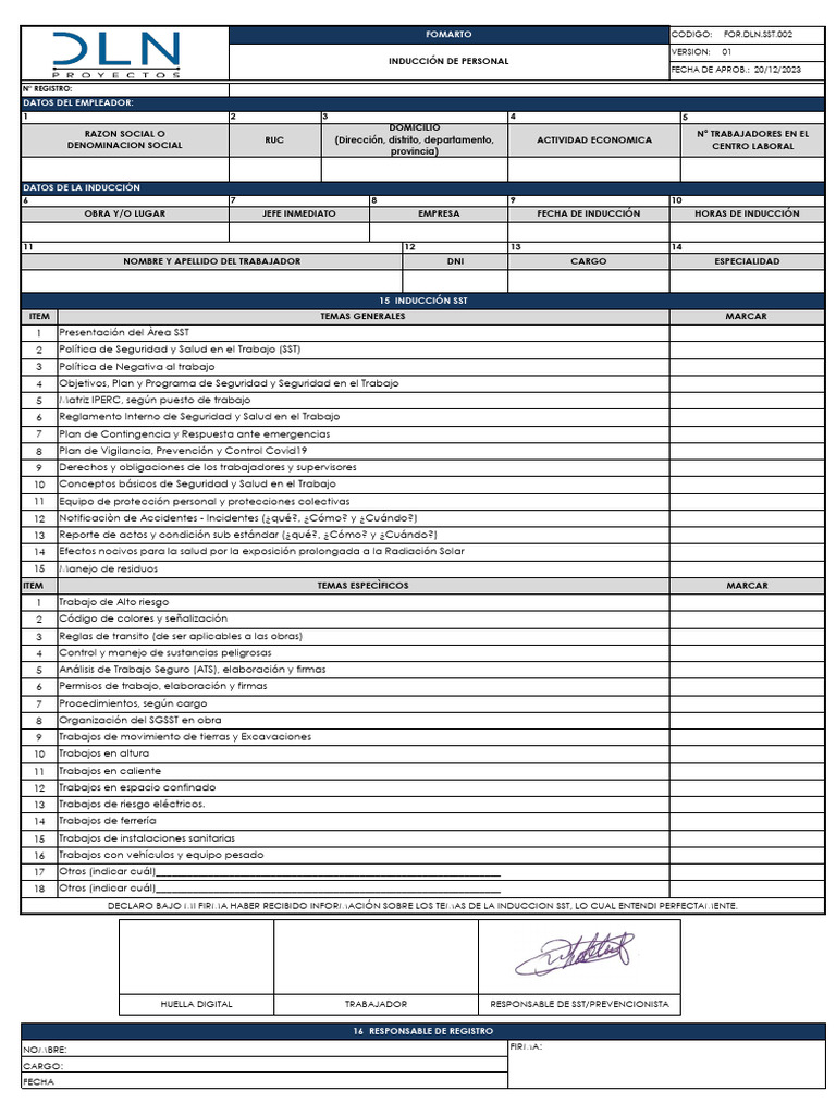 FOR.DLN.SST.002_INDUCCIÒN DE PERSONAL V01_CON FIRMA | PDF