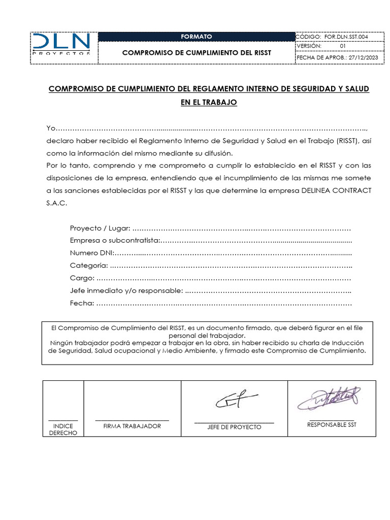 For - DLN.SST.004 Compromiso de Cumplimiento de Risst V01 - Con Firma | PDF