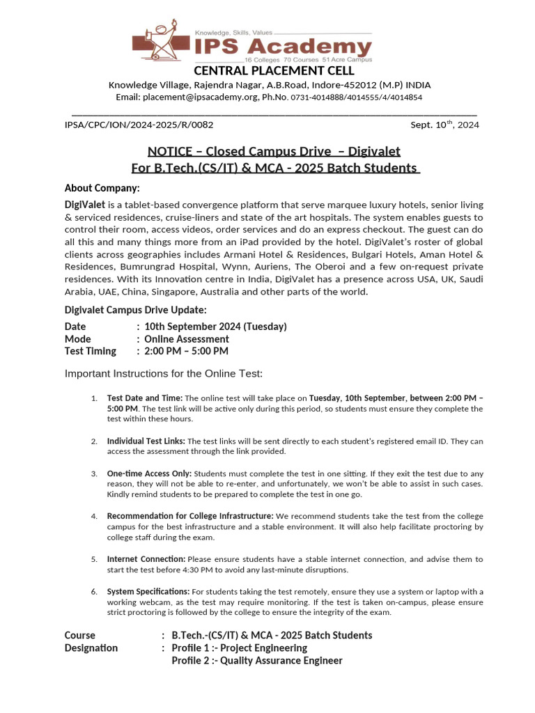 Notice - Closed Campus Drive - Digivalet - B.Tech. - CS - IT & MCA ...
