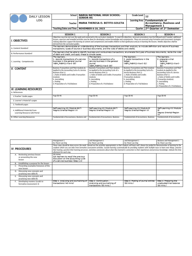 FABM1 DETAILED LESSON PLAN-Week9 | PDF