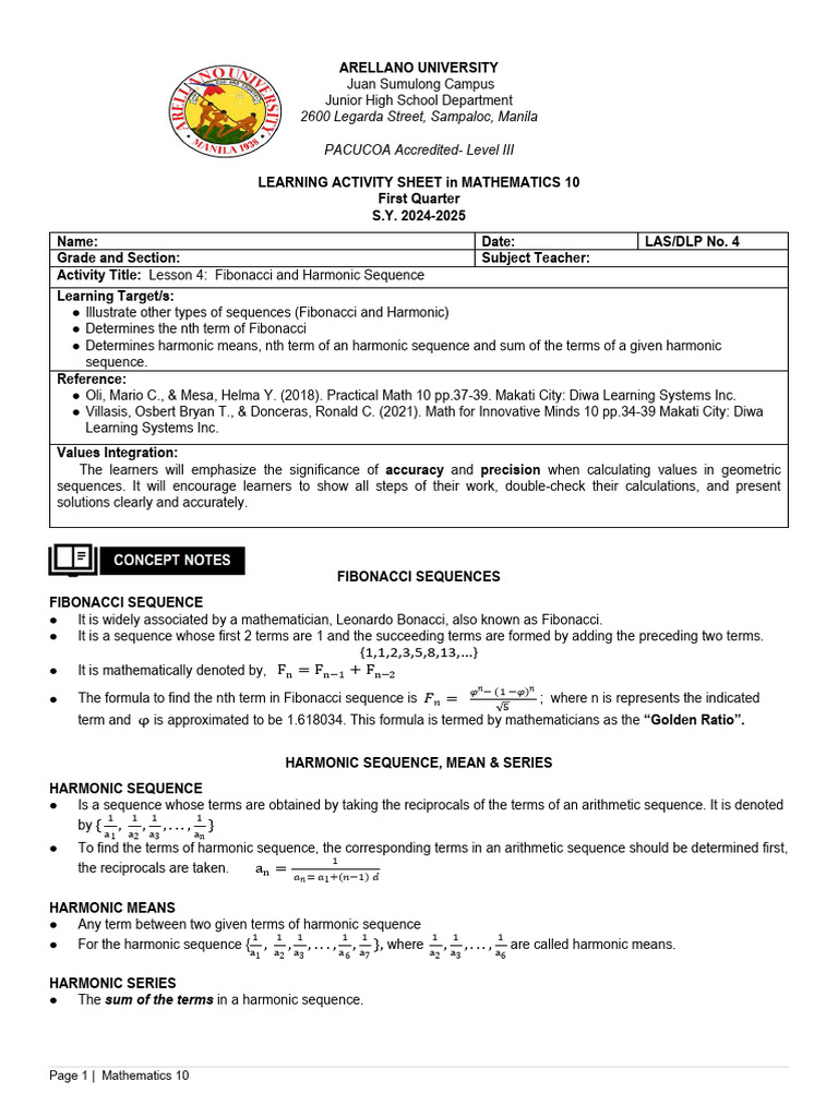 Math 10 - Las-Dlp 4-Fibonacci Harmonic Sequences | PDF