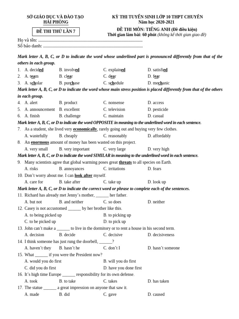 G9 - Mock 7 - ĐK 50 | PDF