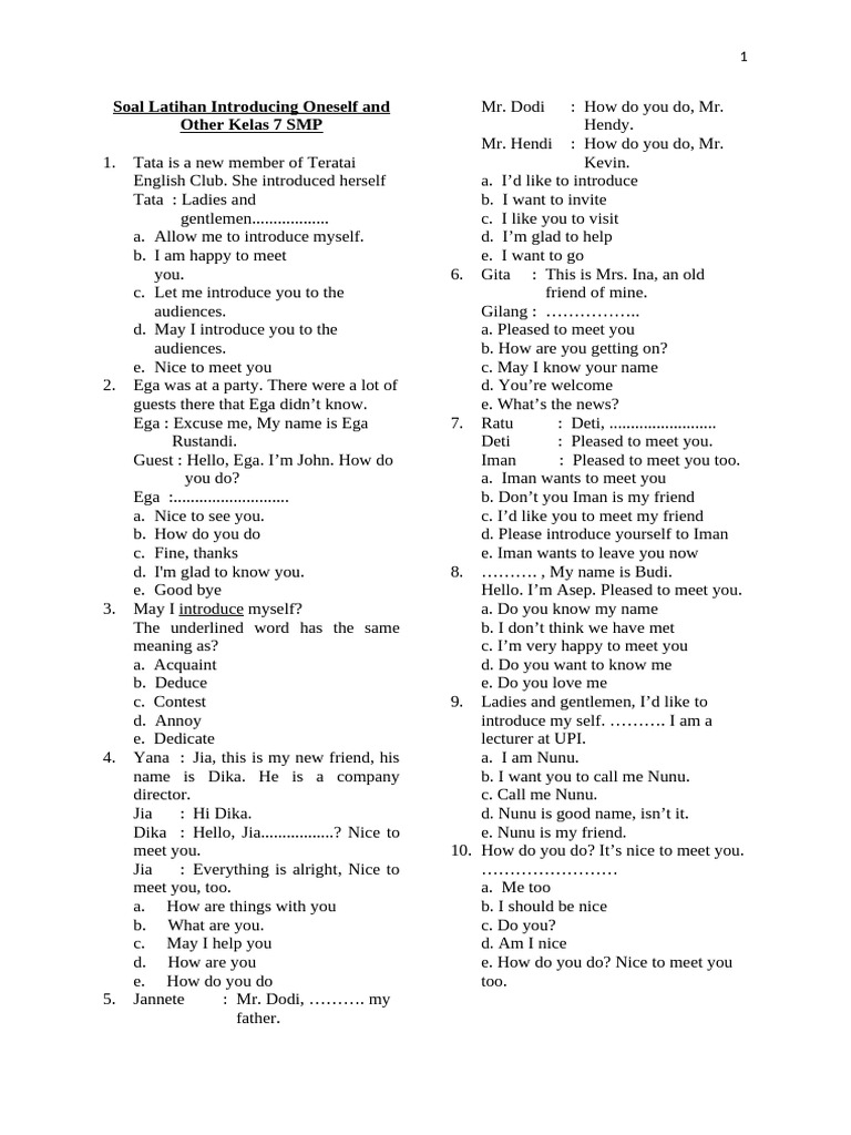 Soal Introducing Oneself and Other Kelas 7 SMP | PDF Soal Introducing Oneself and Other Kelas 7 SMP | PDF