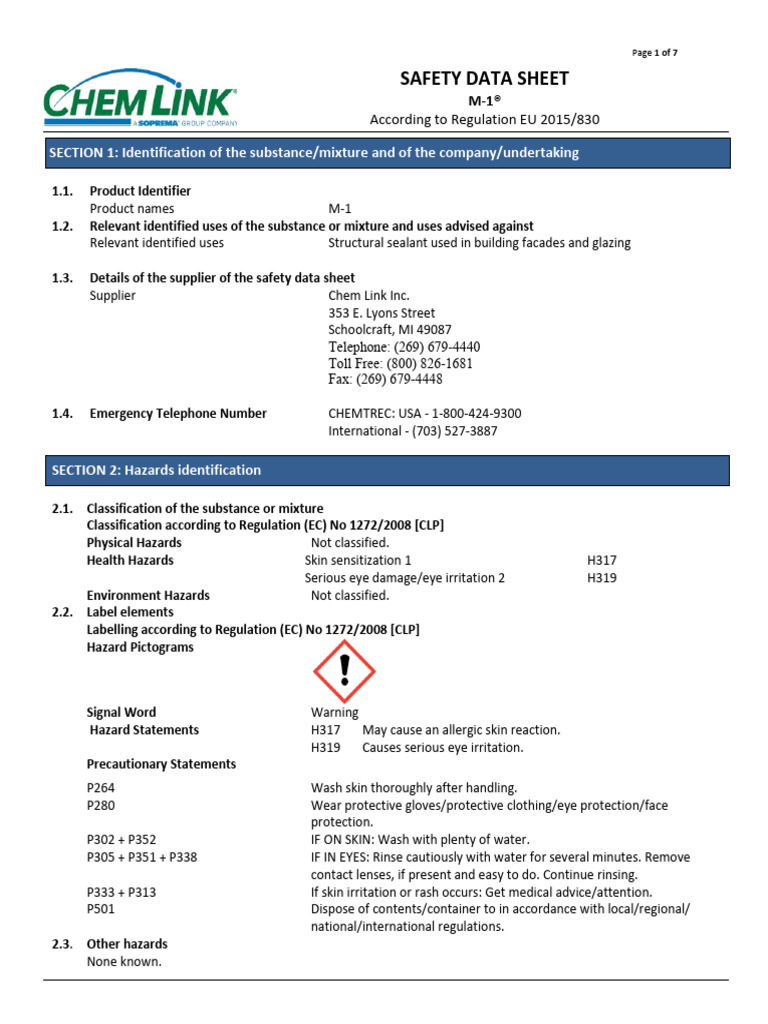 M-1-EU-SDS-2020 Chemlink | PDF | Toxicity | Dangerous Goods
