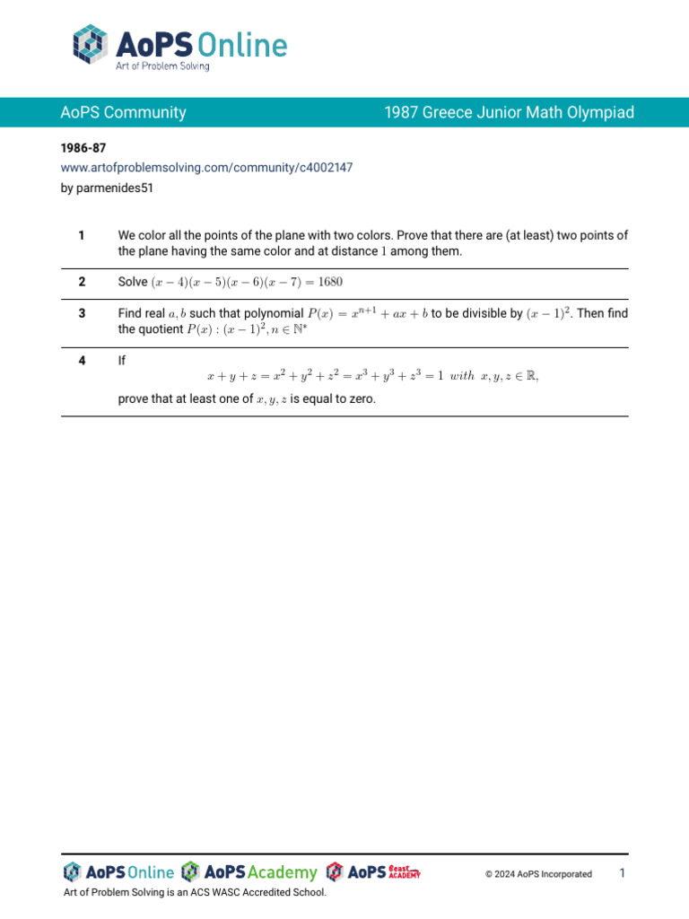 Aops Community 1987 Greece Junior Math Olympiad: X X X X A, B P X X Ax ...