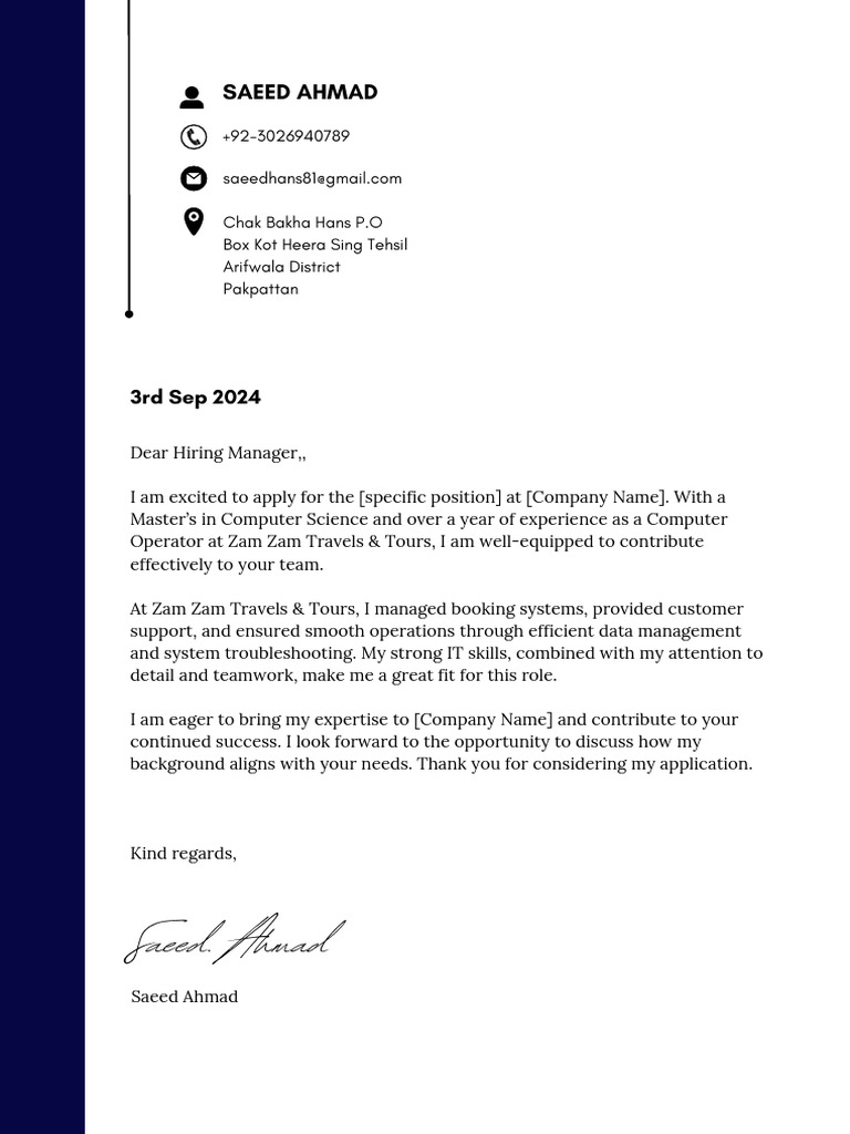 Saeed Ahmad - Cover Letter | PDF