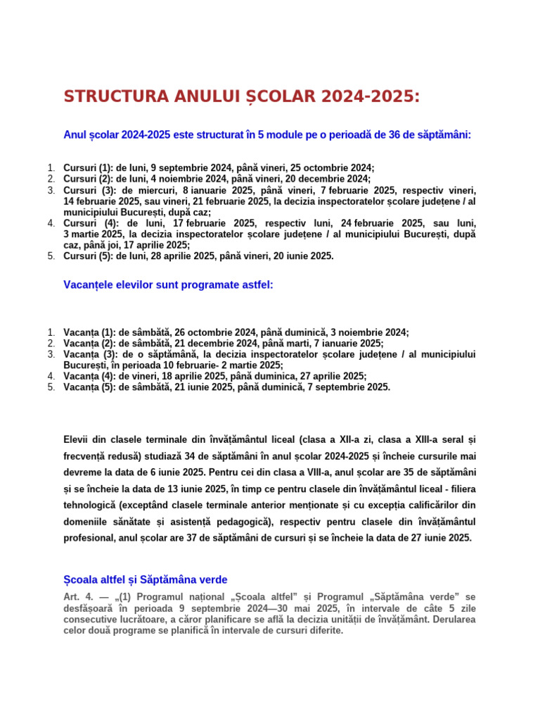Structura Anului Școlar 2024 | PDF
