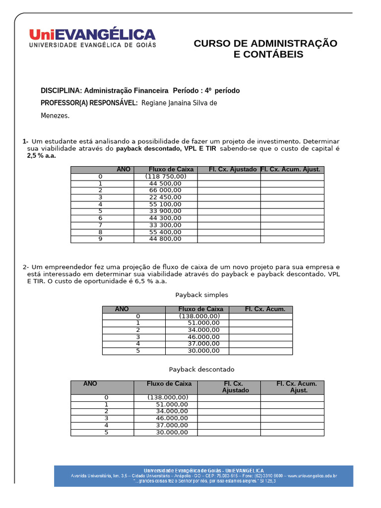 Aula 06 - Atividade Extra - Payback Descontado VPL Tir | PDF