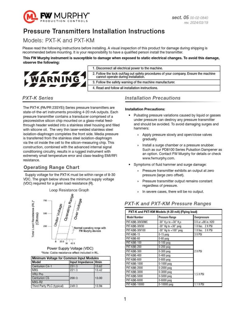 Pressure Transmitters Installation Instructions | PDF