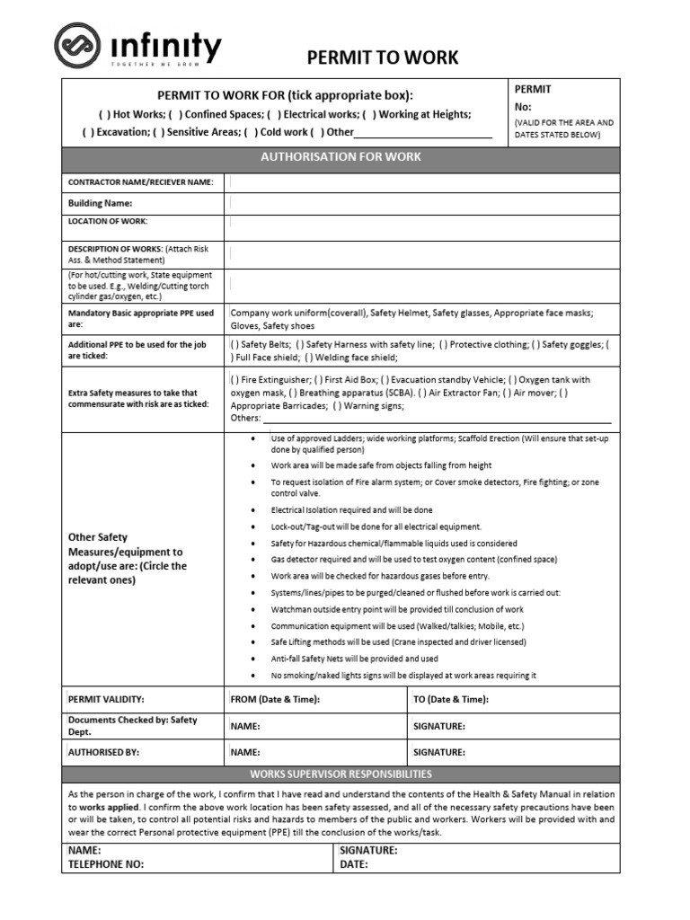 Permit To Work Form - Infinity Strata Management LLC | PDF