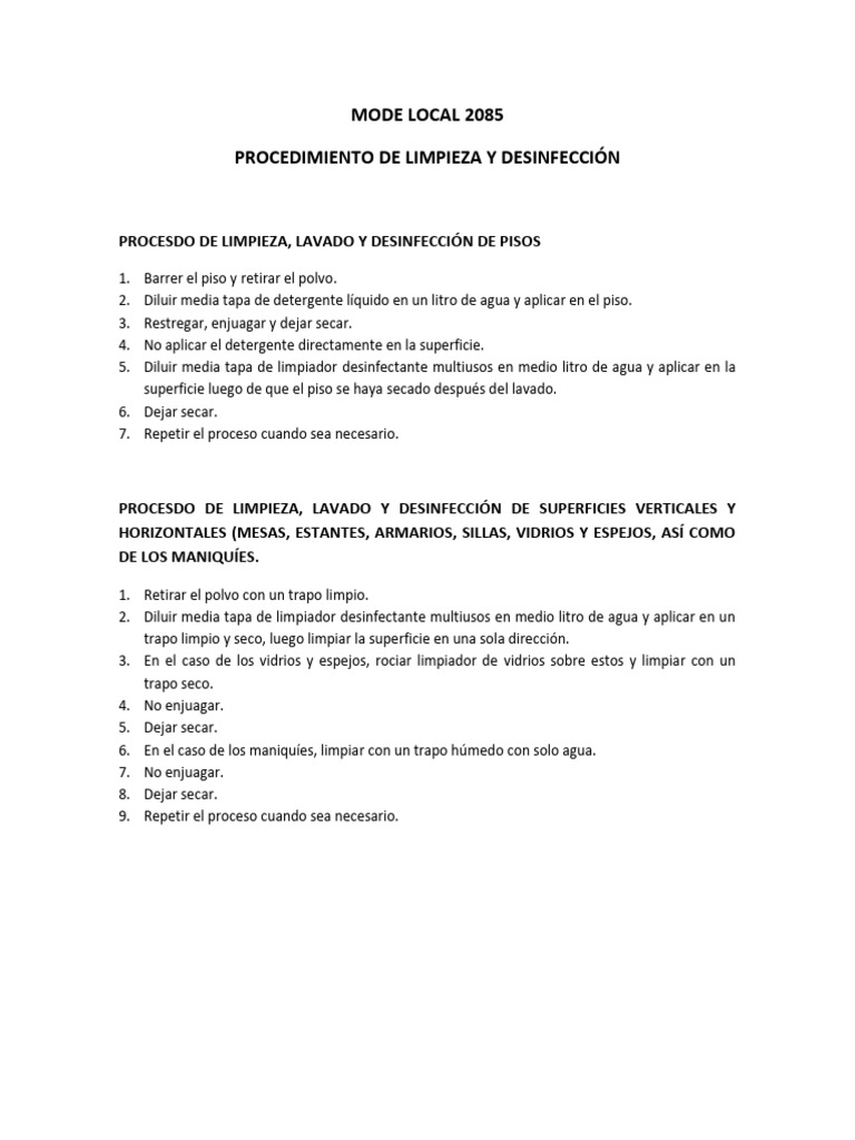PROTOCOLO DE LIMPIEZA Y DESINFECCIÓN | PDF
