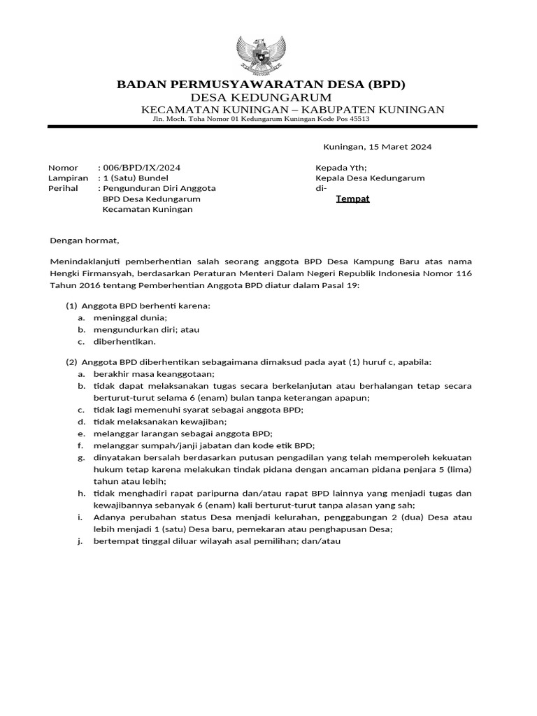 Surat Usulan Calon PAW BPD | PDF