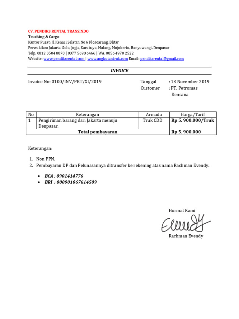Contoh Invoice Jasa Angkutan Barang | PDF