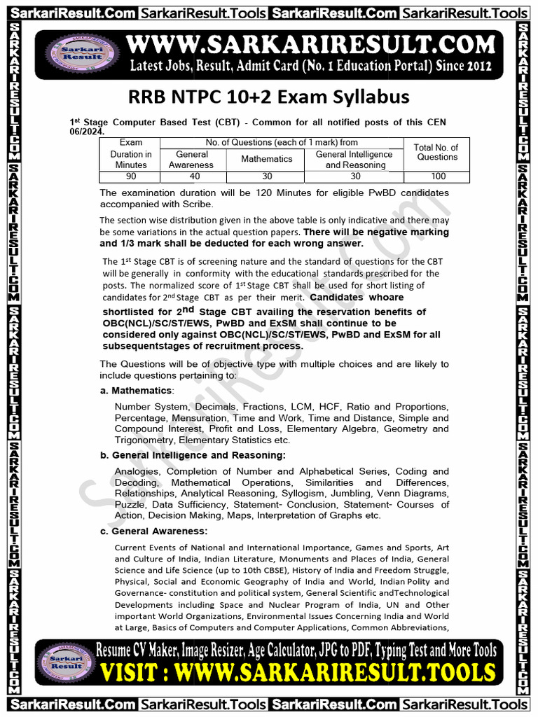 RRB NTPC UnderGradudate Level Syllabus CEN062024 | PDF