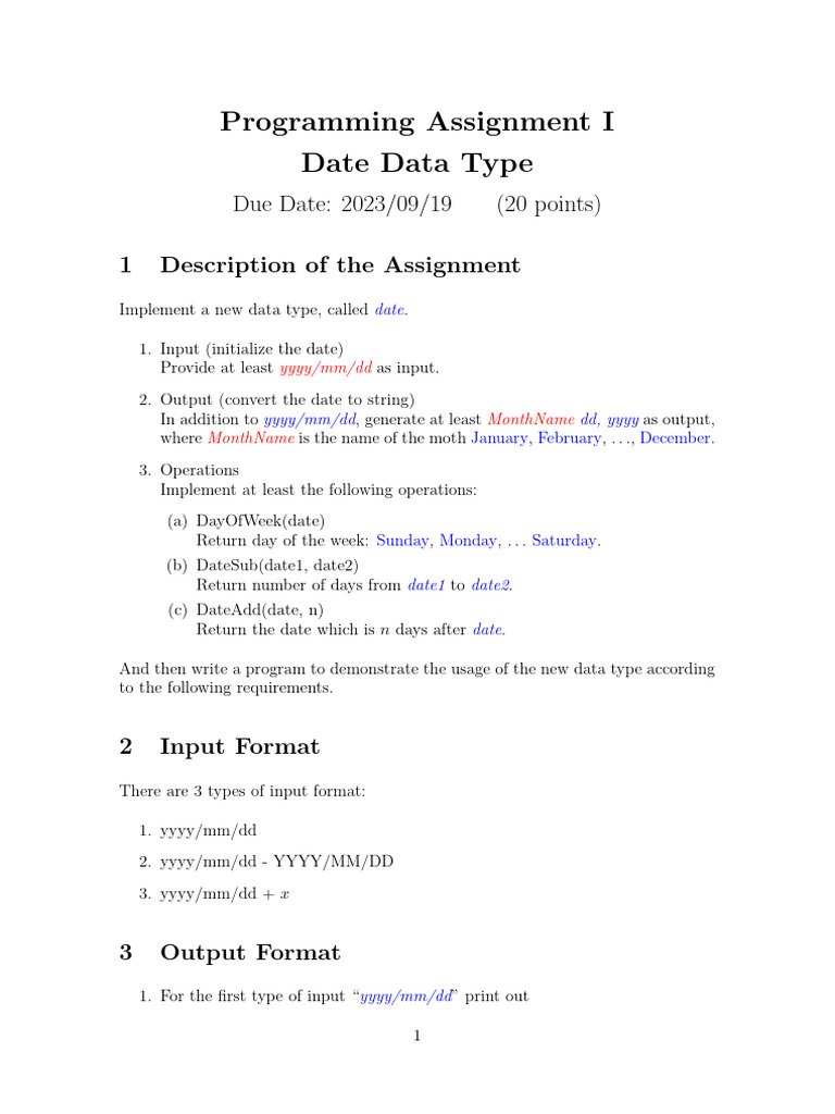 Programming Assignment I Date Data Type: 1 Description of The Assignment | PDF