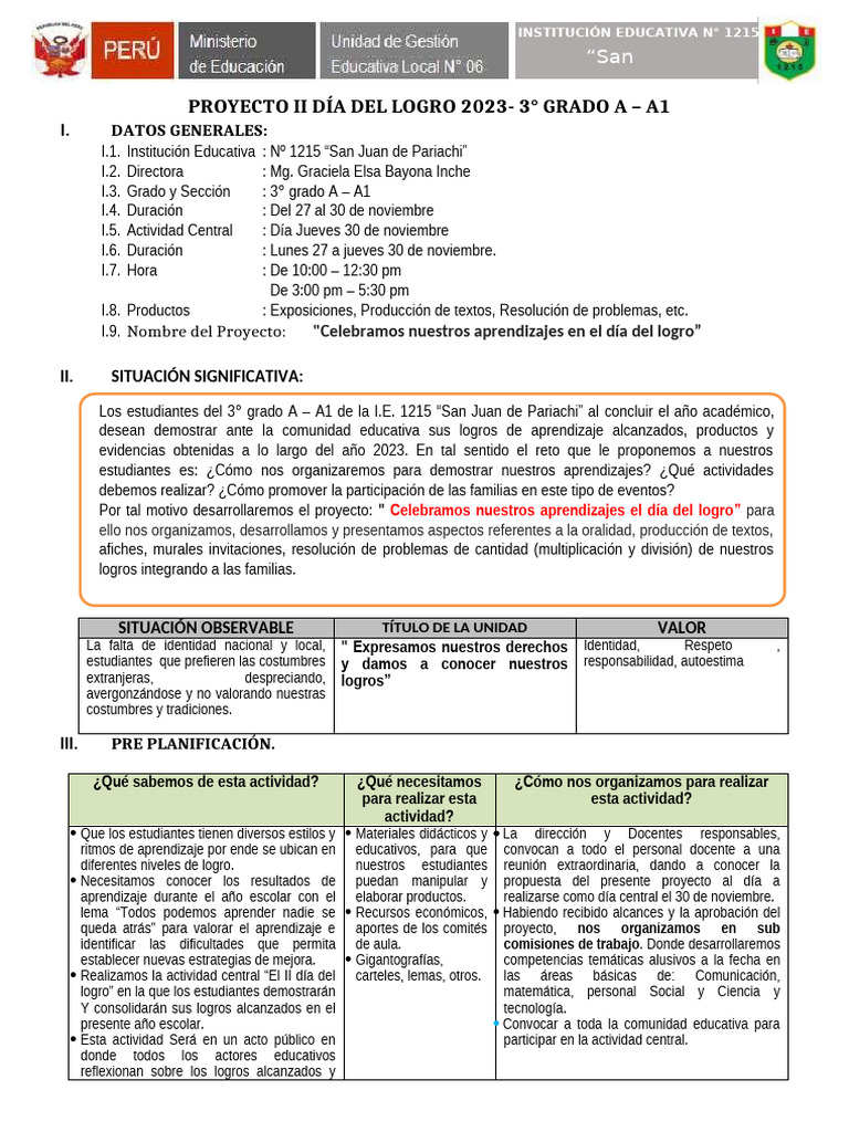 PROYECTO 2DO DIA DEL LOGRO 2023 3° Grado | PDF