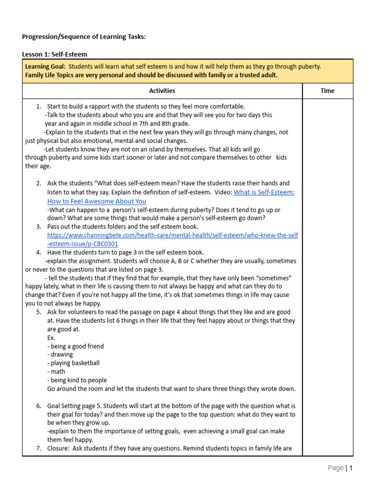 5th Grade Family Life Lessons 2023.24 | PDF