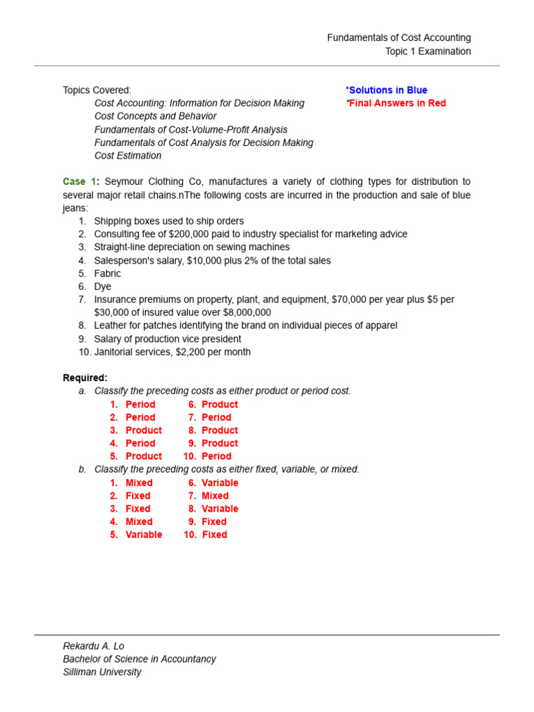 Fundamentals of Cost Accounting Topic 1 Exam | PDF