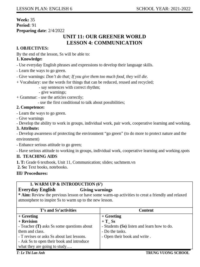 Unit 11: Our Greener World Lesson 4: Communication: Week: Period ...