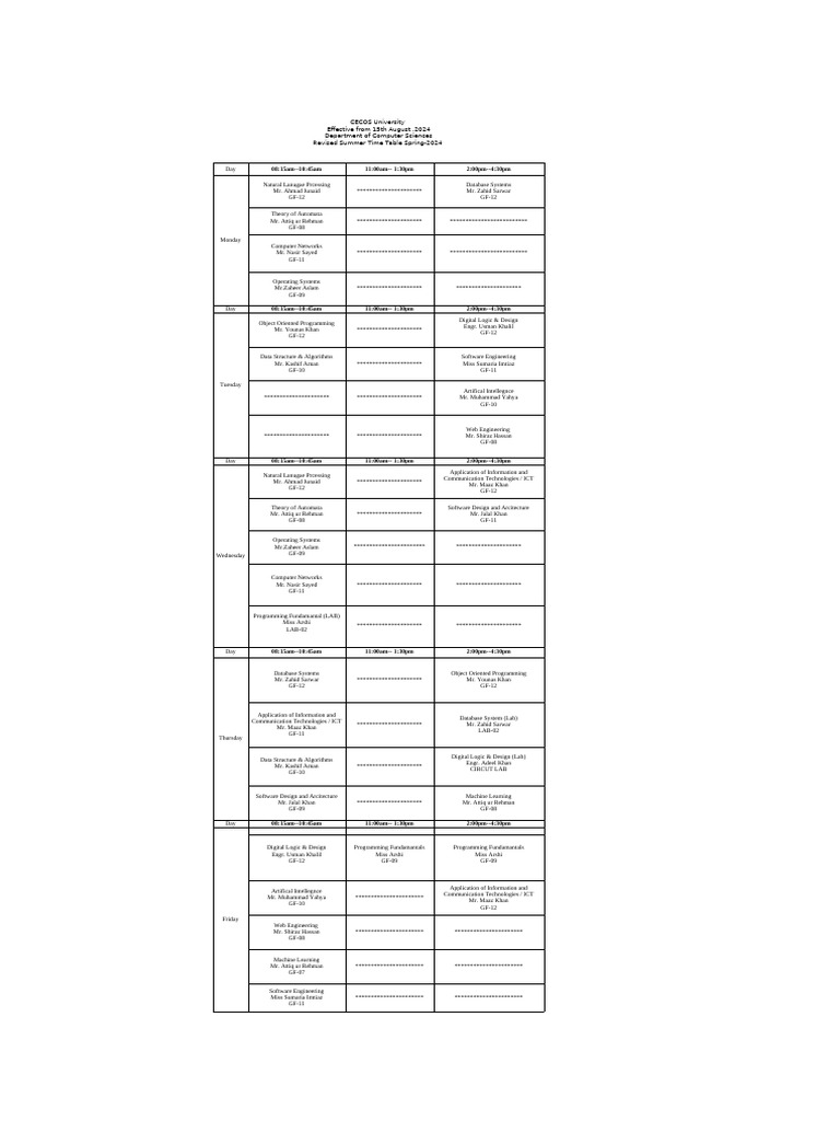Revised Computer Science Timetable Summer-2024 | PDF