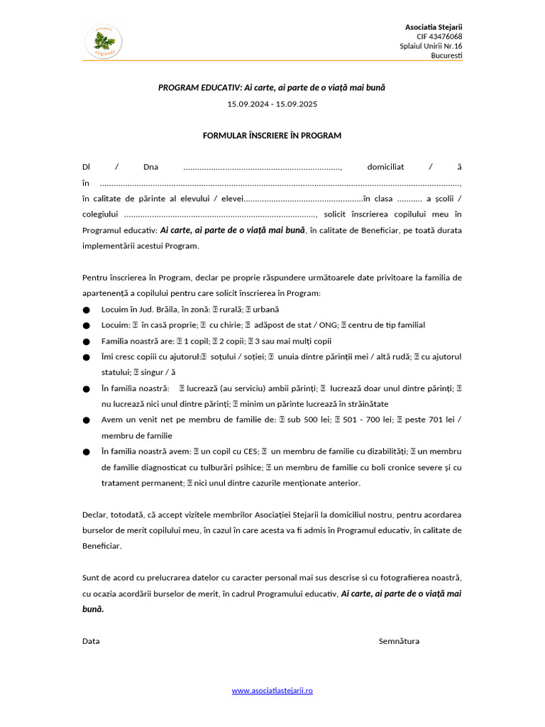 Formular Inscriere in Program | PDF