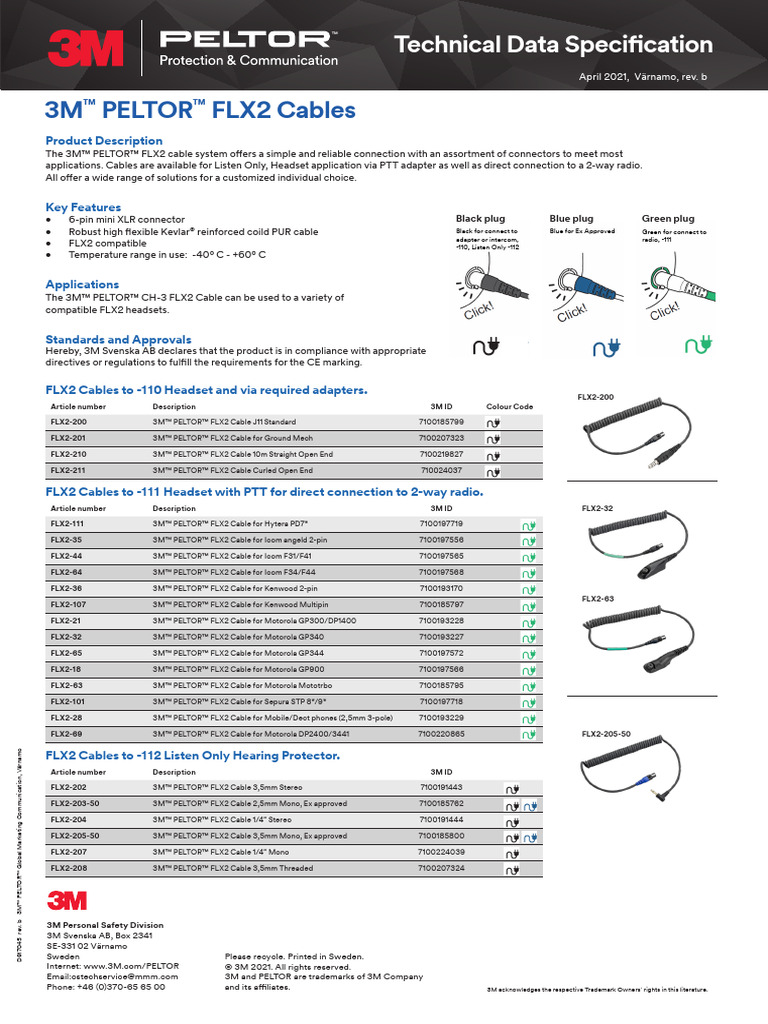 3m Peltor flx2 Cables Technical Datasheet | PDF