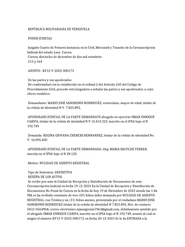 Nulidad de Asiento Registral en Lara | PDF | Procedimiento Civil | Derecho