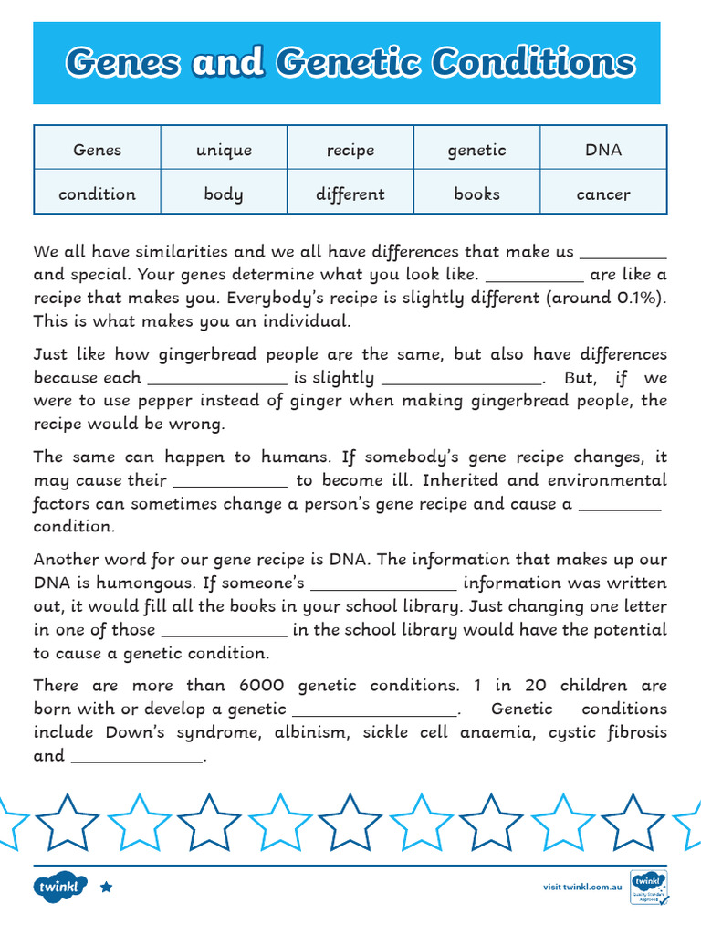 Genes and Genetic Diseases Cloze Activity | PDF | Genetic Disorder ...