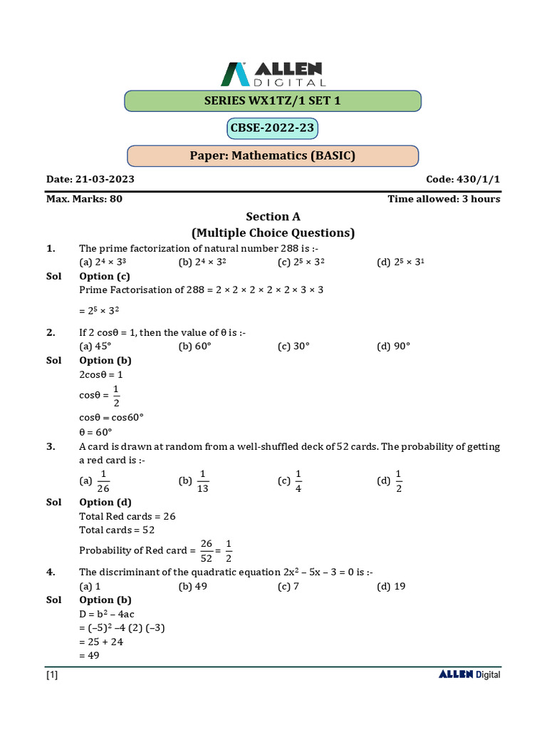 10 Mathematics 430-1-1 Basic Set-1 Taxck9 | PDF