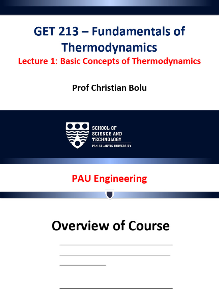 GET 213- Fundamentals of Thermodynamics - Lecture 1 - Basic concepts of thermodynamics | PDF