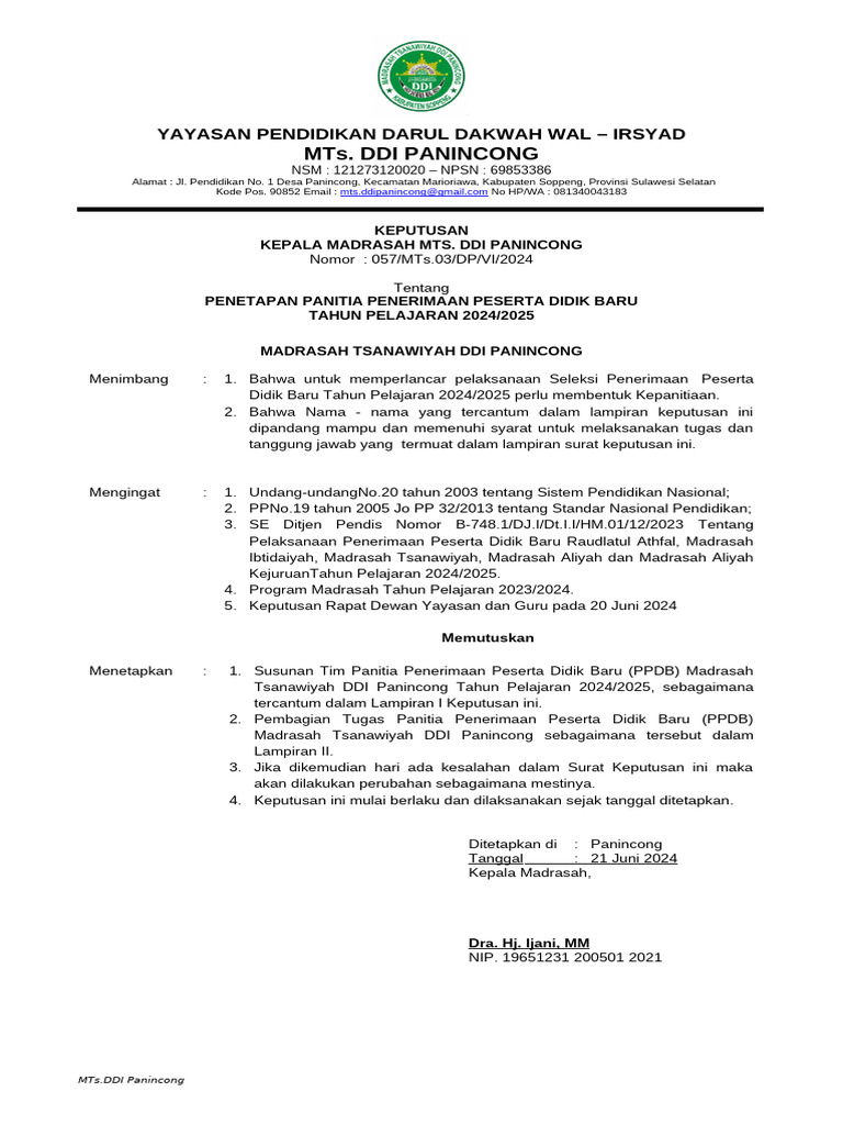 SK Panitia PPDB Madrasah 2024 | PDF