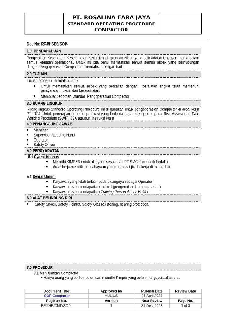 SOP - Pengoperasian Compactor | PDF