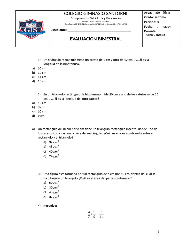 Evaluacion Septimo Matematicas | PDF