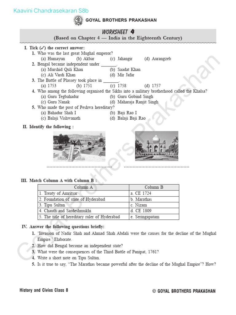 History:HL4 - India in The 18th Century - Worksheet | PDF