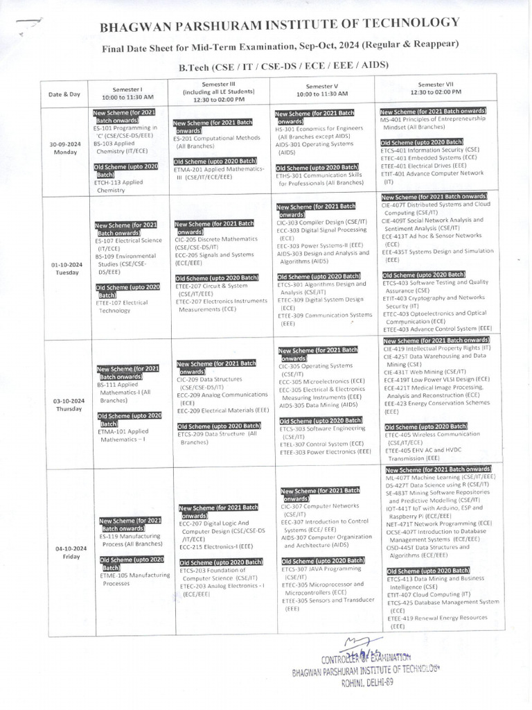 Final Date Sheet For Mid - Term Examination Sep.-Oct. 2024 | PDF