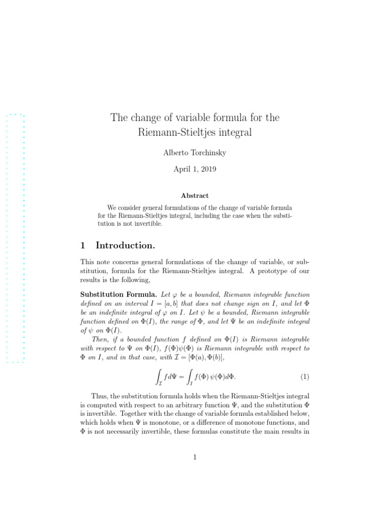 The Change of Variable Formula For The Riemann-Stieltjes Integral | PDF