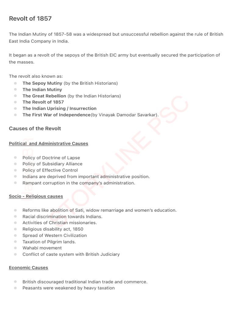 Administrative Causes of 1857 Revolt | PDF | Indian Rebellion Of 1857 ...