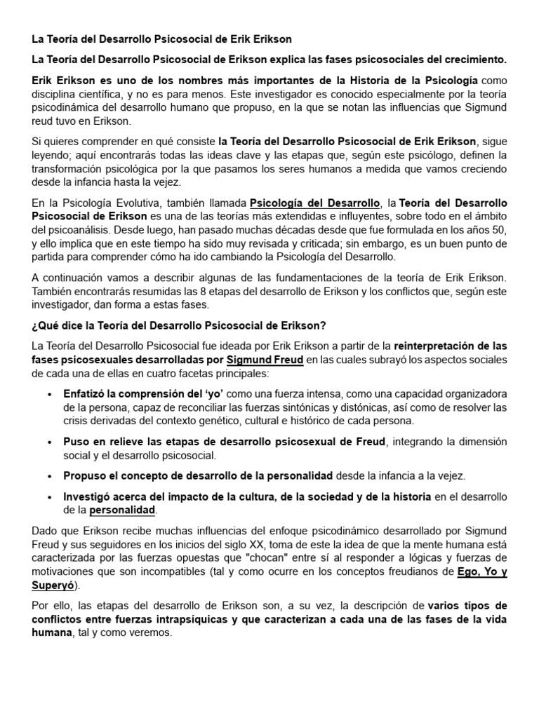 La Teoría Del Desarrollo Psicosocial de Erik Erikson | PDF | Sicología | Sigmund Freud