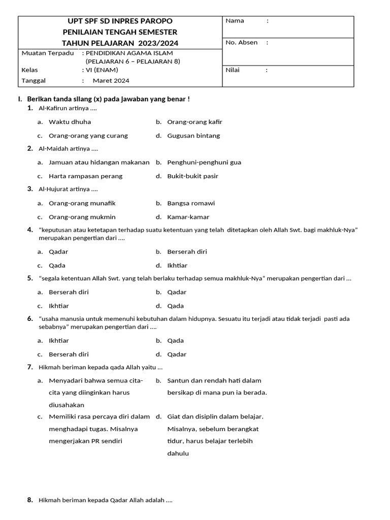 Soal2 PTS Pai KLS 6-S2 | PDF | Semitic Words And Phrases | Career & Growth