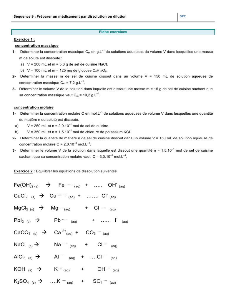 Fiche Exercices Dilution Dissolution | PDF