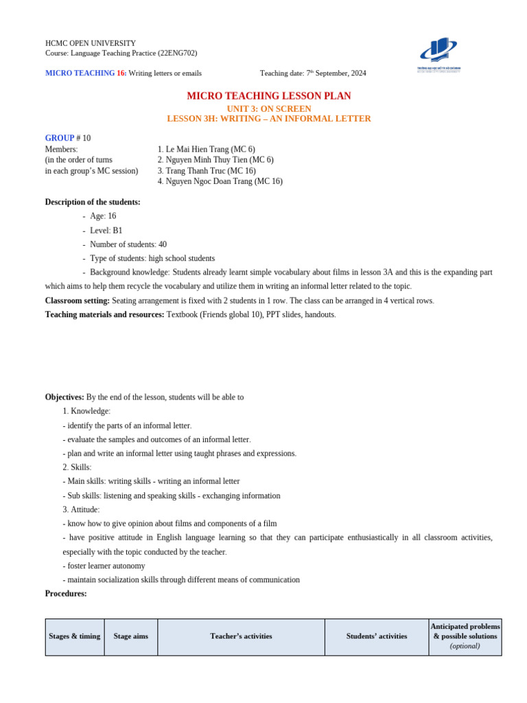 MC16 - lesson plan - Writing an informal email | PDF
