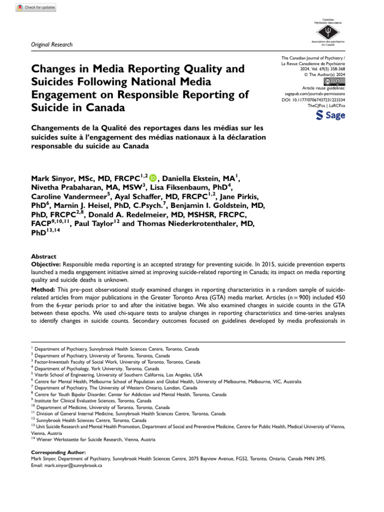 Changes in Media Reporting Quality and Suicides Following National ...