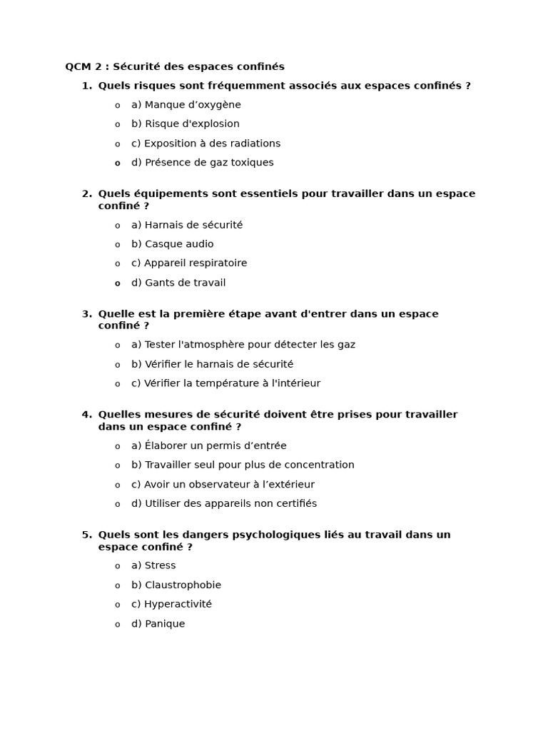 QCM Sécurité Espace Confiné | PDF